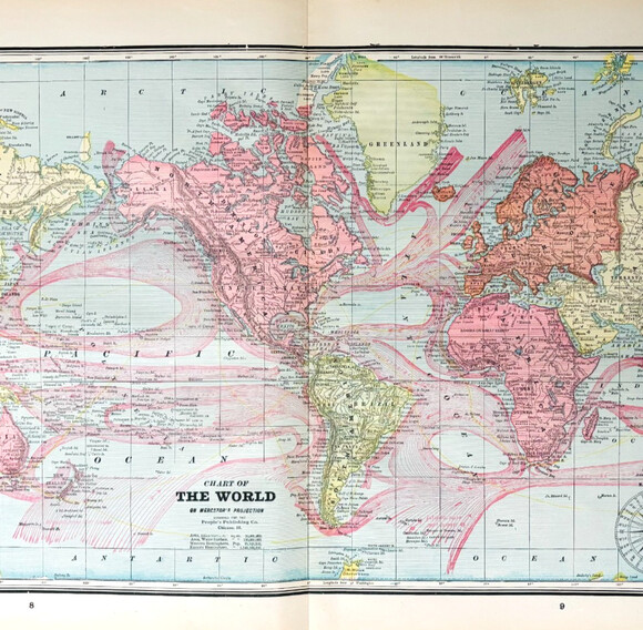 Art | 1895 World Map Ocean Currents Mariners Compass Victorian ...
